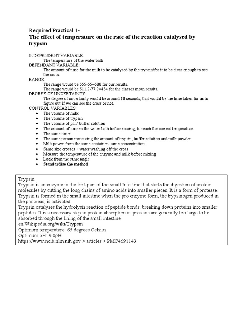 Required Practical 1 Write Up - Trypsin | PDF | Trypsin | Enzyme Required Practical 1 Write Up - Trypsin | PDF | Trypsin | Enzyme
