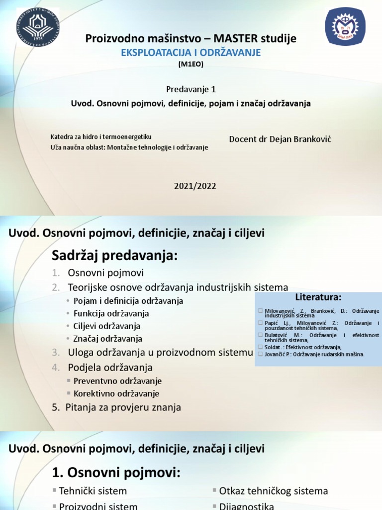 Eksploatacija I Održavanje - Predavanje 1 - Uvod, Osnovni Pojmovi | PDF