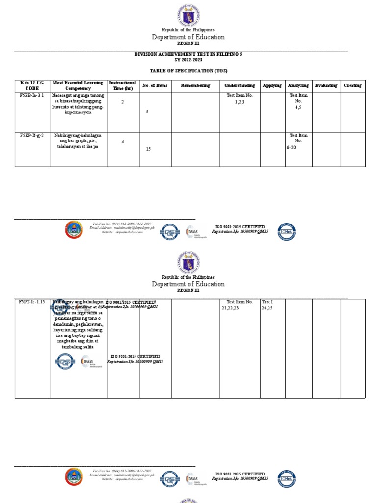 Tos-Filipino-5-Mid Year Assessment | PDF | Philippines