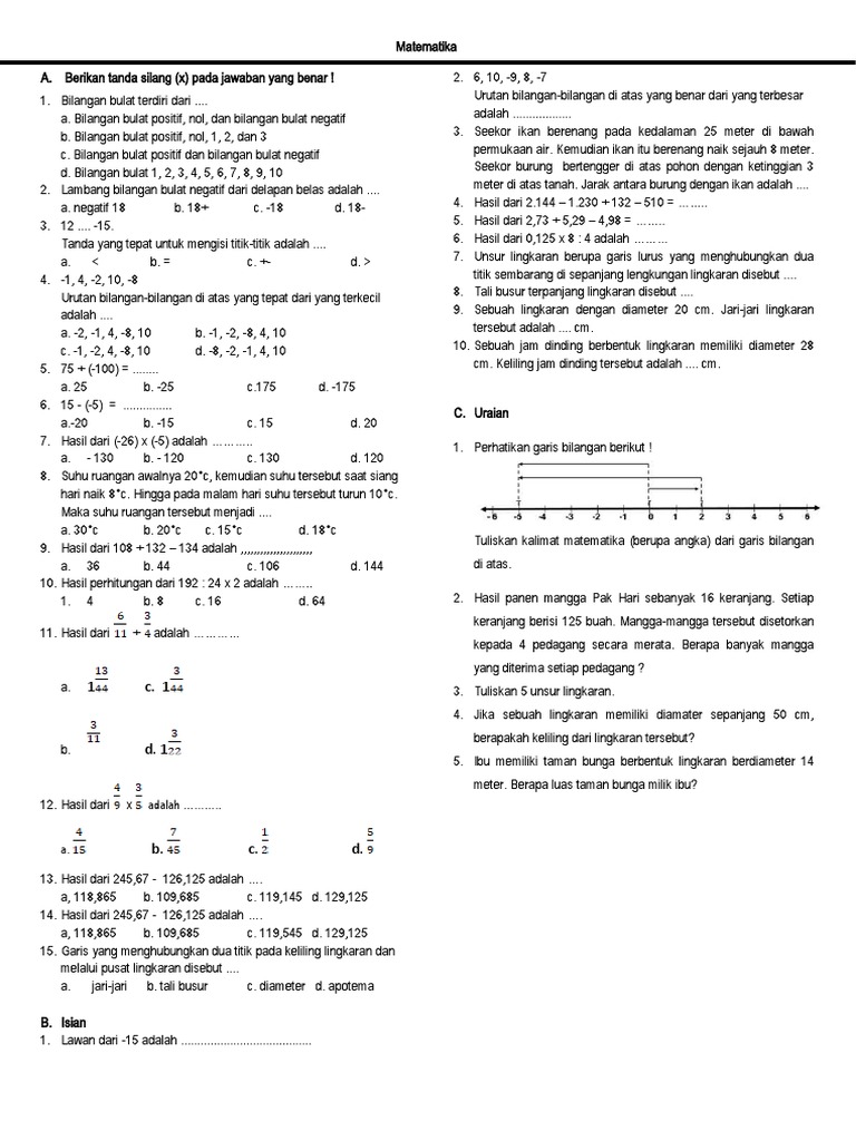 SOAL SEMESTER 1 KELAS 6 Matematika | PDF