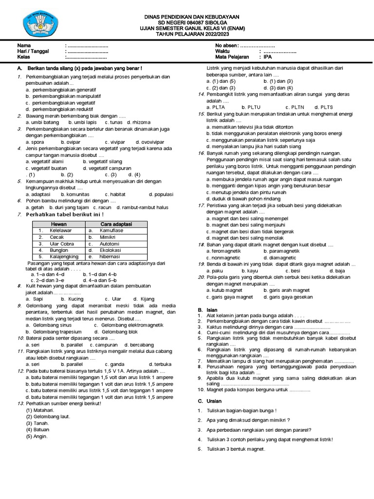 Soal Semester 1 Kelas 6 Ipa | PDF