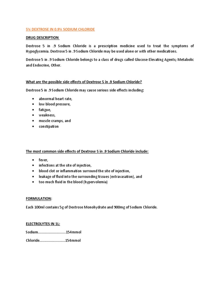 Drug Description: 5% Dextrose in 0.9% Sodium Chloride | PDF | Injection ...