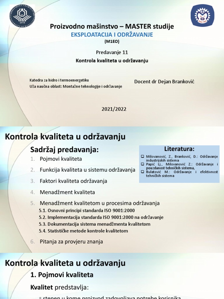 Eksploatacija I Održavanje - Predavanje 11 - Kontrola Kvaliteta o Održavanju | PDF
