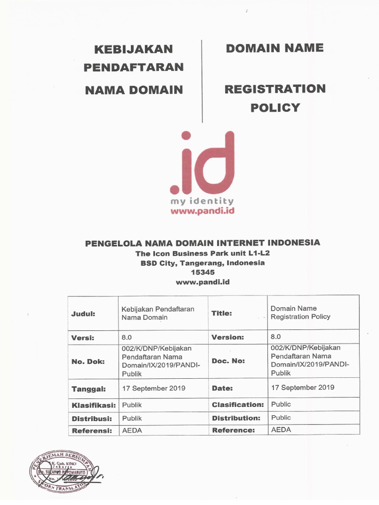 2 002 K DNP Kebijakan Pendaftaran Nama Domain Ix 2019 Pandi Publik Versi 8 0 PDF | PDF