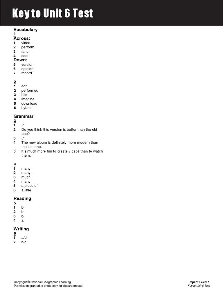 Impact Level 1 Unit 6 Test Answerkey 0 | PDF