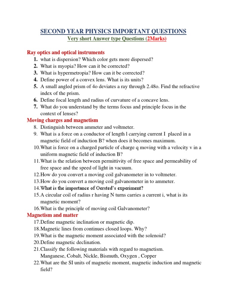Physics 2 Yr Important Question | PDF | Waves | Electromagnetic Radiation