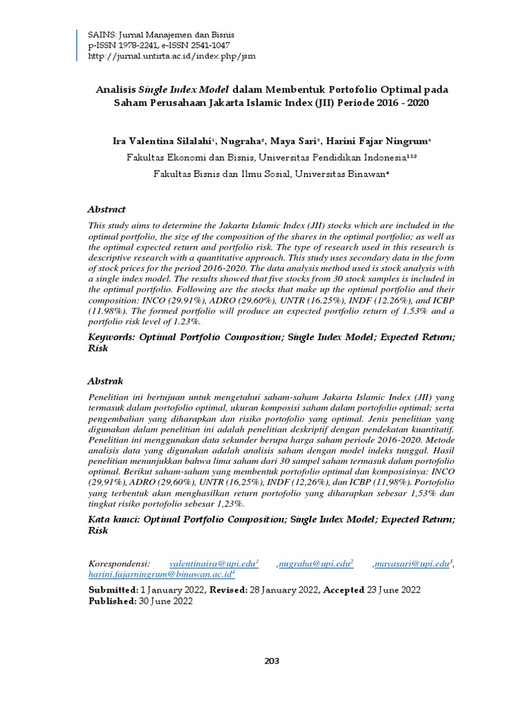 Analisa Single Index Model Dalam Membentuk Portofolio Optimal Pada Saham JII - Index Sinta | PDF