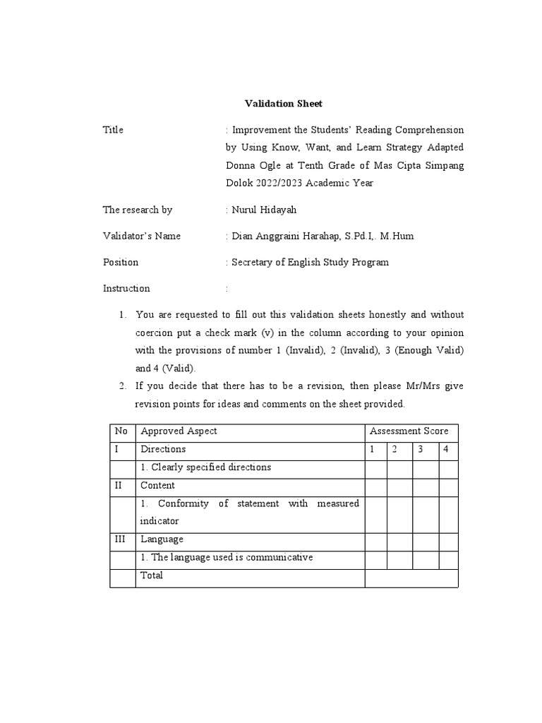 Validation Sheet Nurul Hidayah | PDF | Language Arts & Discipline
