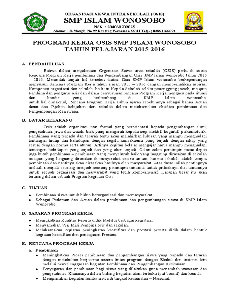 Program Kerja Osis SMP Islam Wonosobo 2015-2016 | PDF