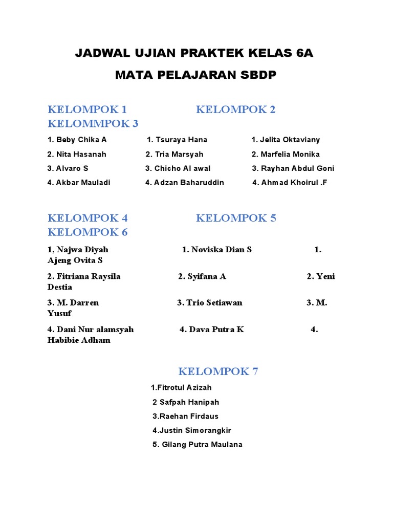 Jadwal Ujian Praktek Kelas 6 B Mata Pelajarab SBDP | PDF