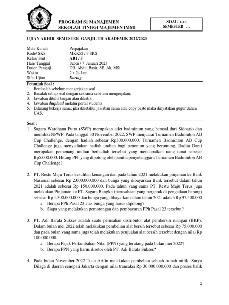 Soal Uas S1 Ganjil 2022-2023-Ab1 | PDF