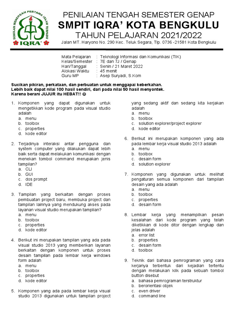 Soal PTS Genap Tik Kelas 7 Khusus - Ok | PDF