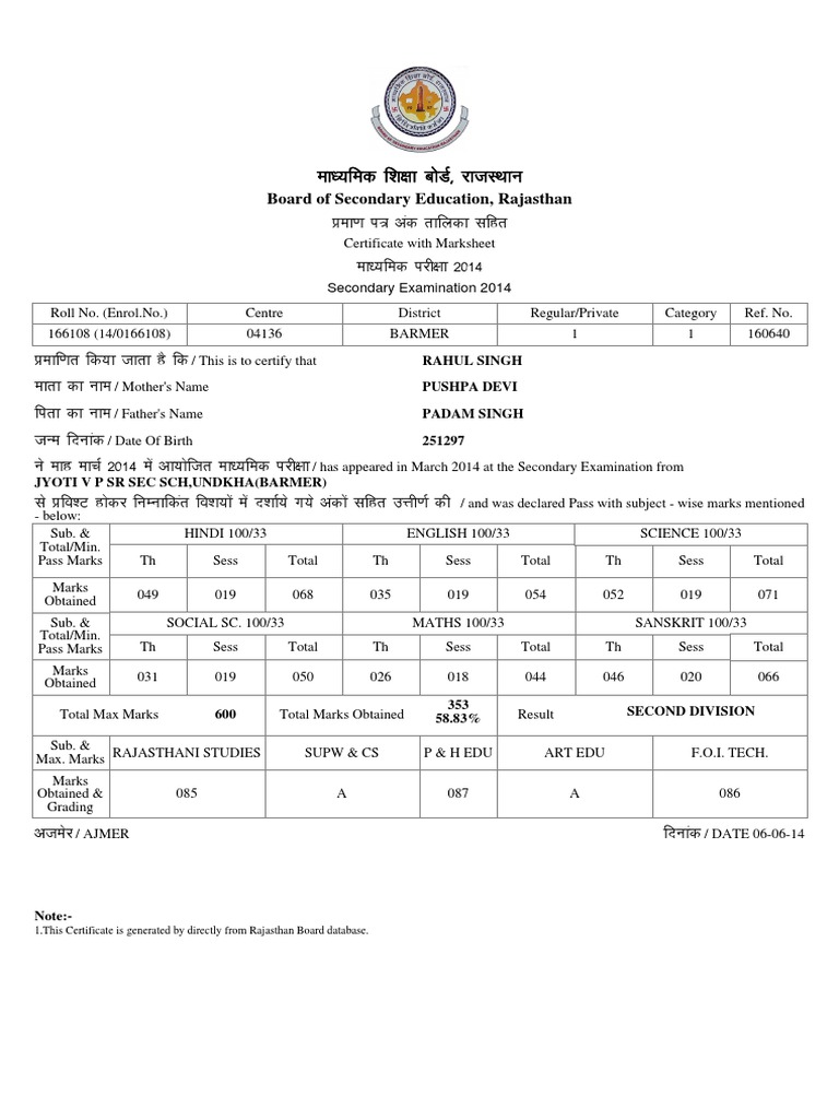 Rajasthan Board 10th Marksheet 2014 for Rahul Singh | PDF