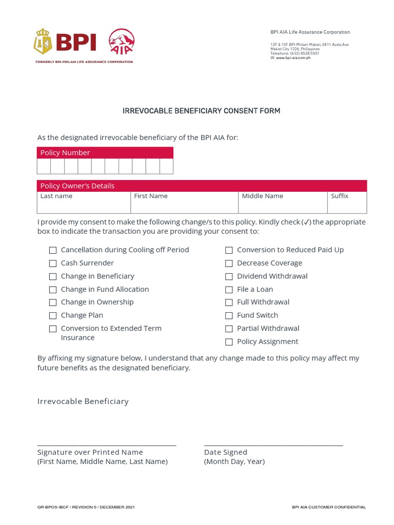 Irrevocable Beneficiary Consent Form Bpi Aia | PDF