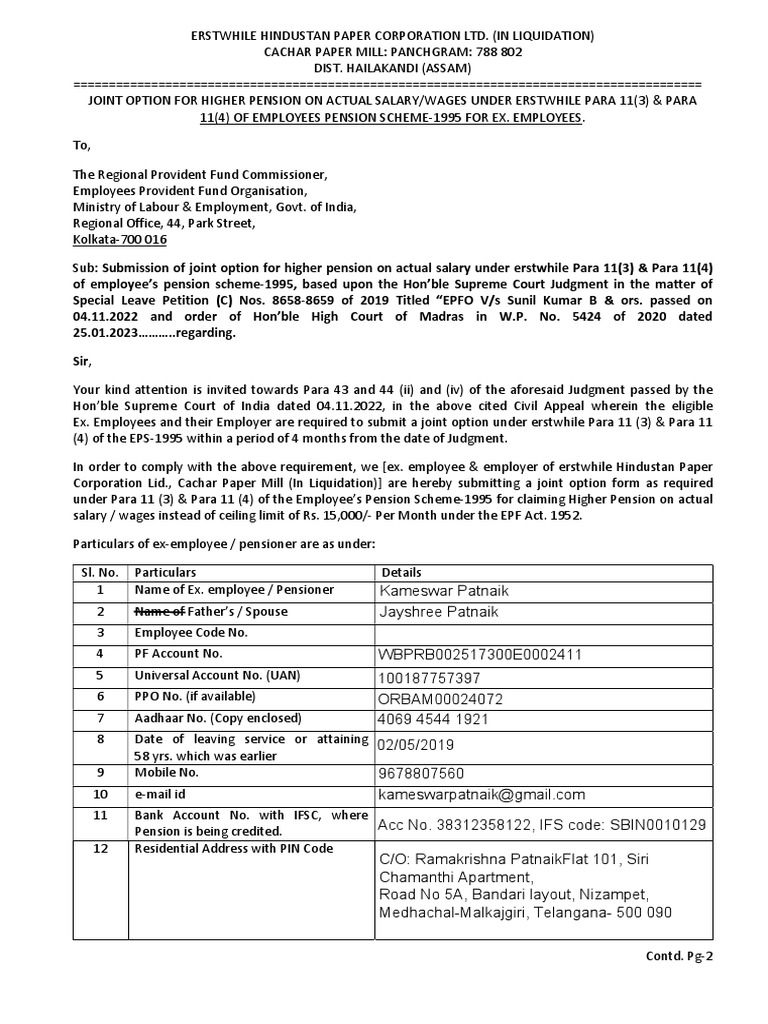 Revised Form Joint Option For Higher Pension PDF | PDF | Government | Economies
