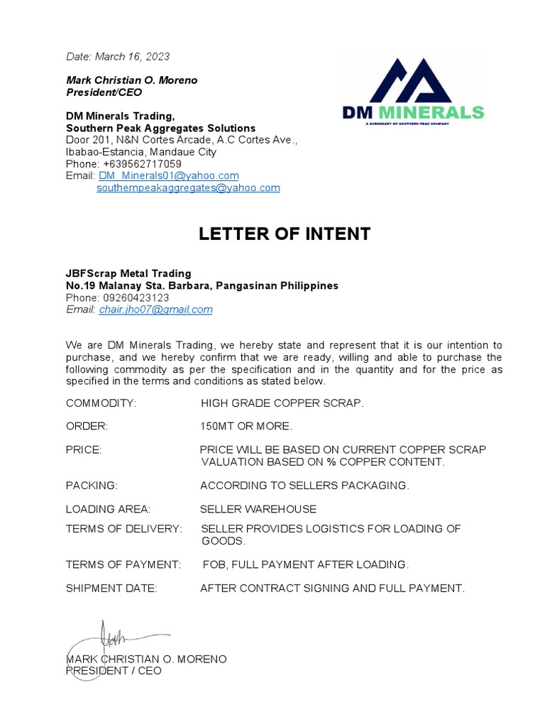 Letter of Intent for Copper Scrap Purchase | PDF | Law