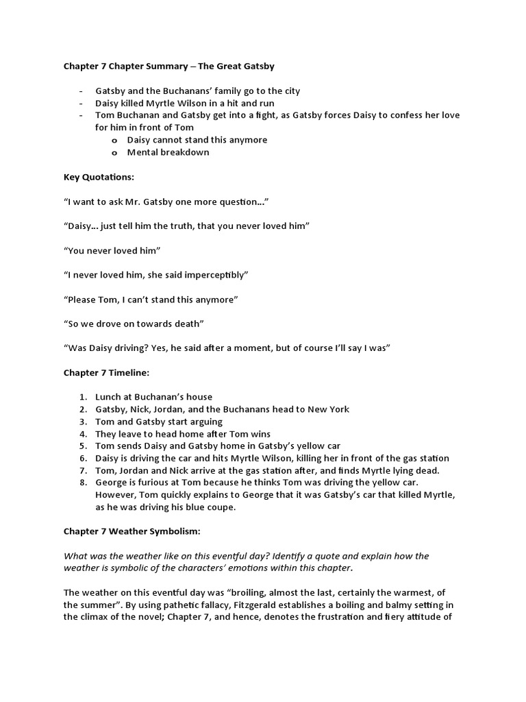 Chapter 7 Chapter Summary - The Great Gatsby | PDF | Mystery, Thriller ...