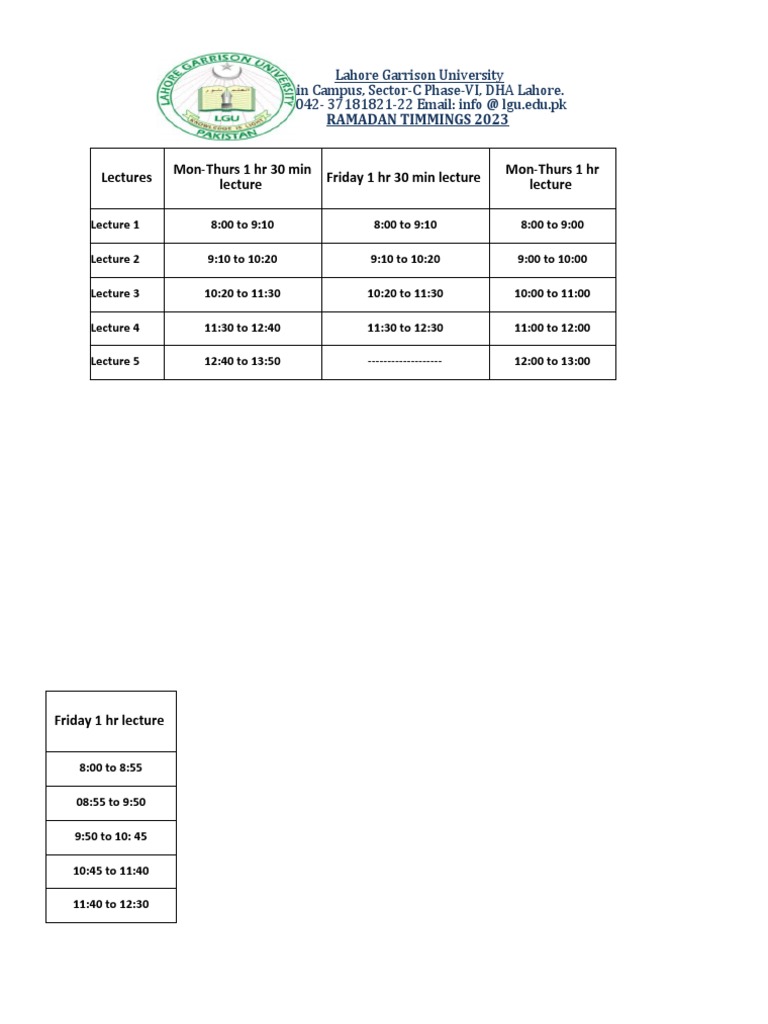 Lahore Garrison University Lecture Schedule | PDF