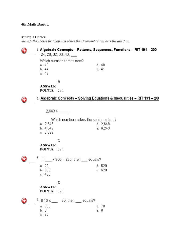 4th Grade Math Assessment Questions | PDF | Numbers | Shape