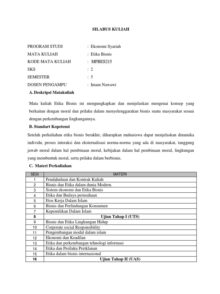 Silabus Etika Bisnis Ekonomi Syariah | PDF