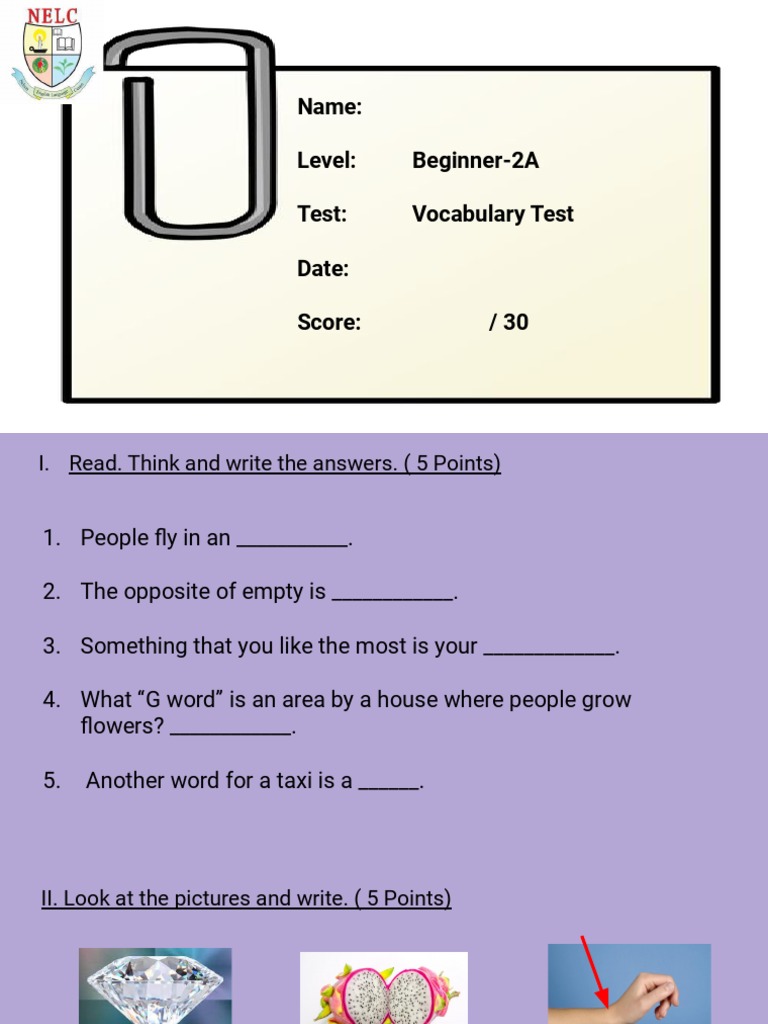 Name: Level: Beginner-2A Test: Vocabulary Test Date: Score: / 30 | PDF