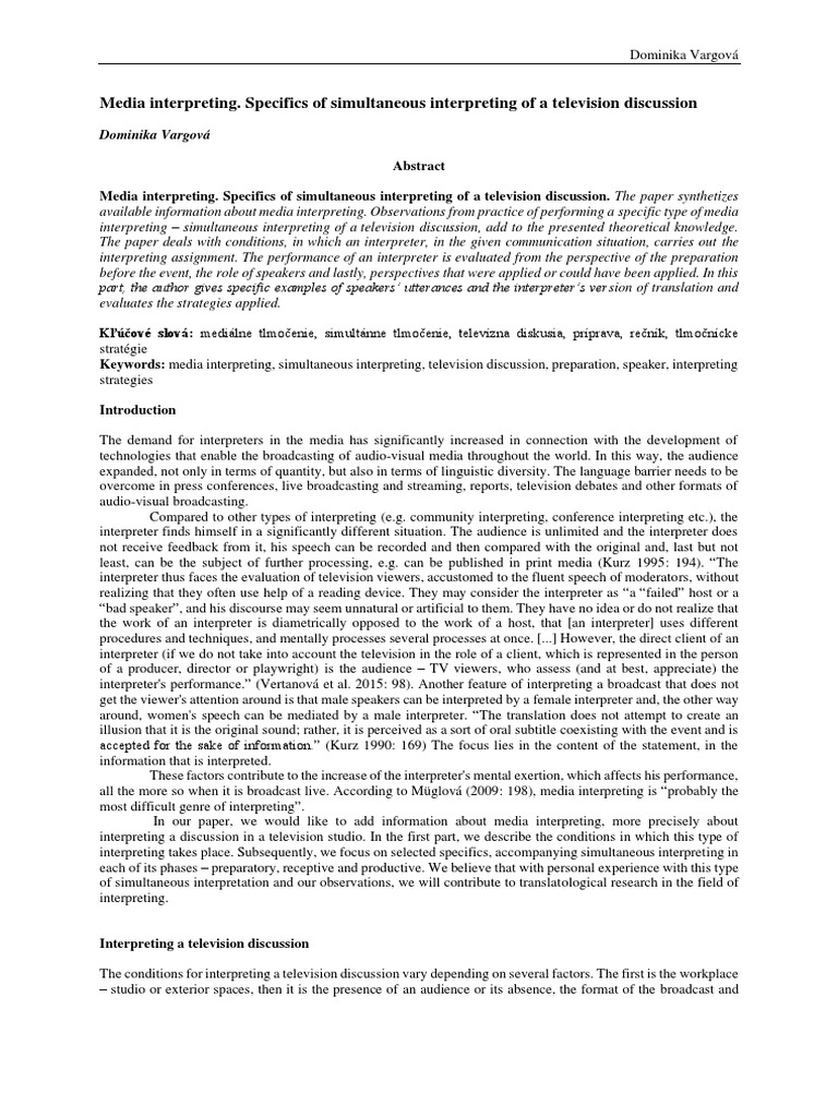 Media Interpreting. Specifics of Simultaneous Interpreting of A Television Discussion | PDF ...