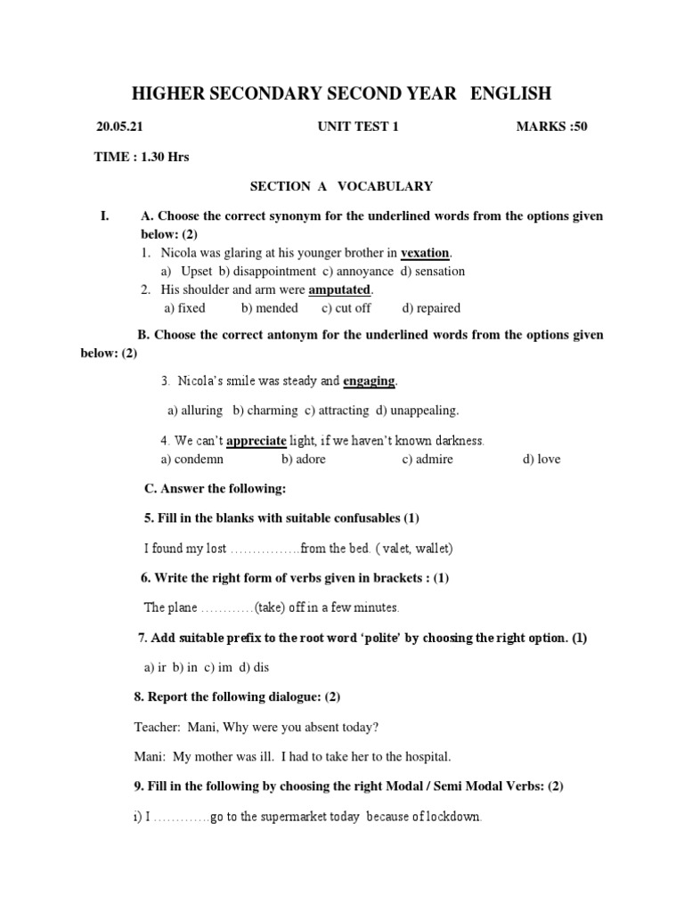 Unit Test 1 Xii | PDF | Linguistics | Grammar Unit Test 1 Xii | PDF | Linguistics | Grammar