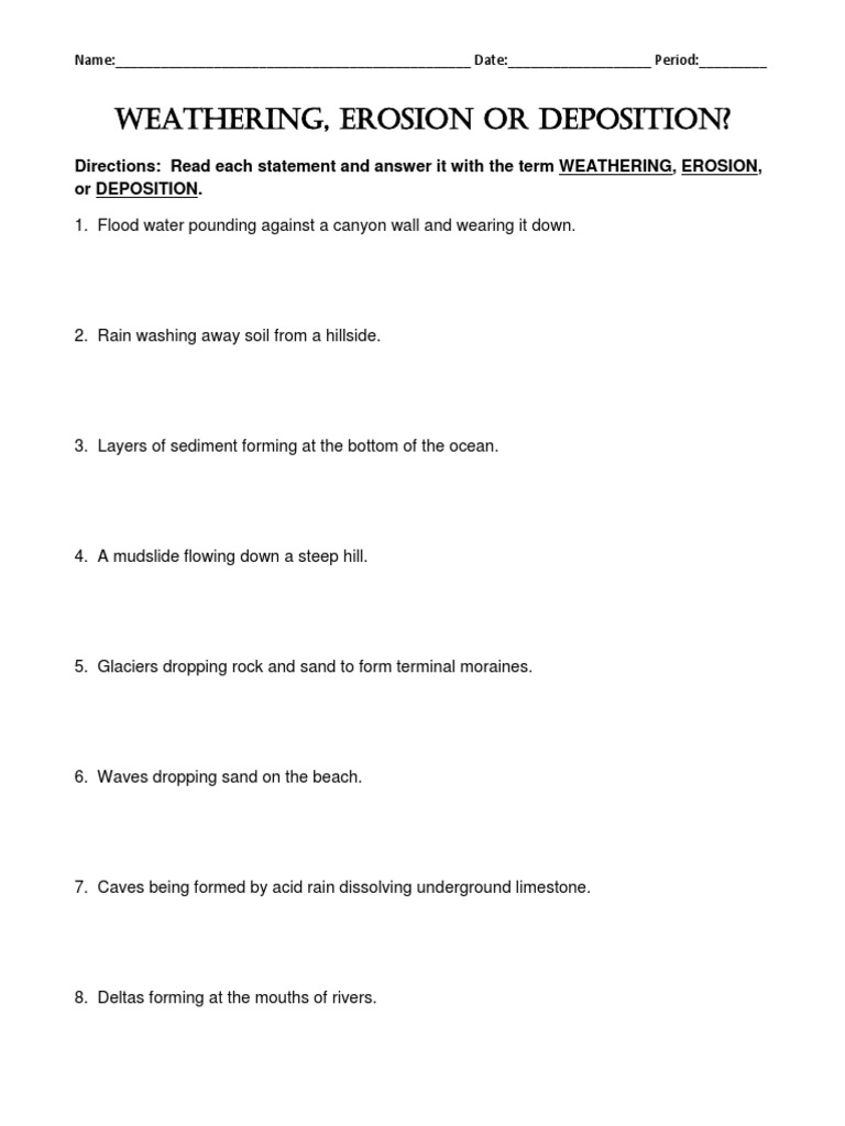 Erosion And Deposition Worksheets Weathering Erosion Deposition | PDF
