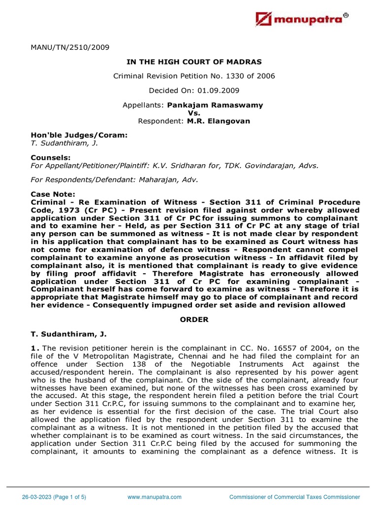 Pankajam Ramaswamy Vs MR Elangovan 01092009 MADT092301COM626477 | PDF ...
