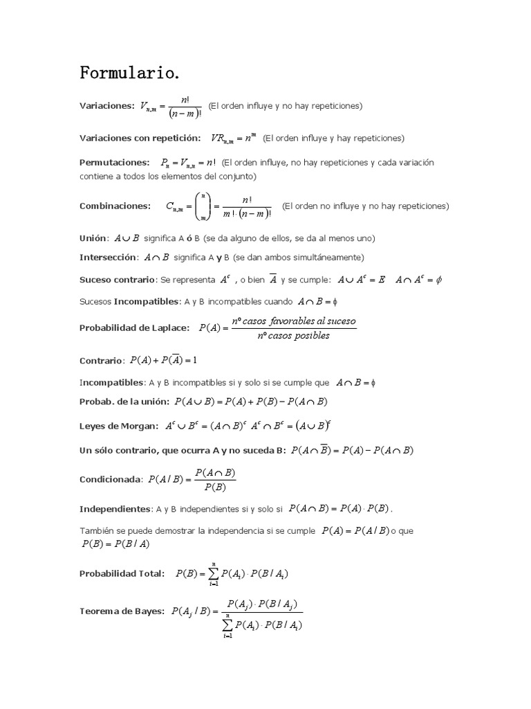 Resumen de Fórmulas | PDF | Permutación | Matemáticas
