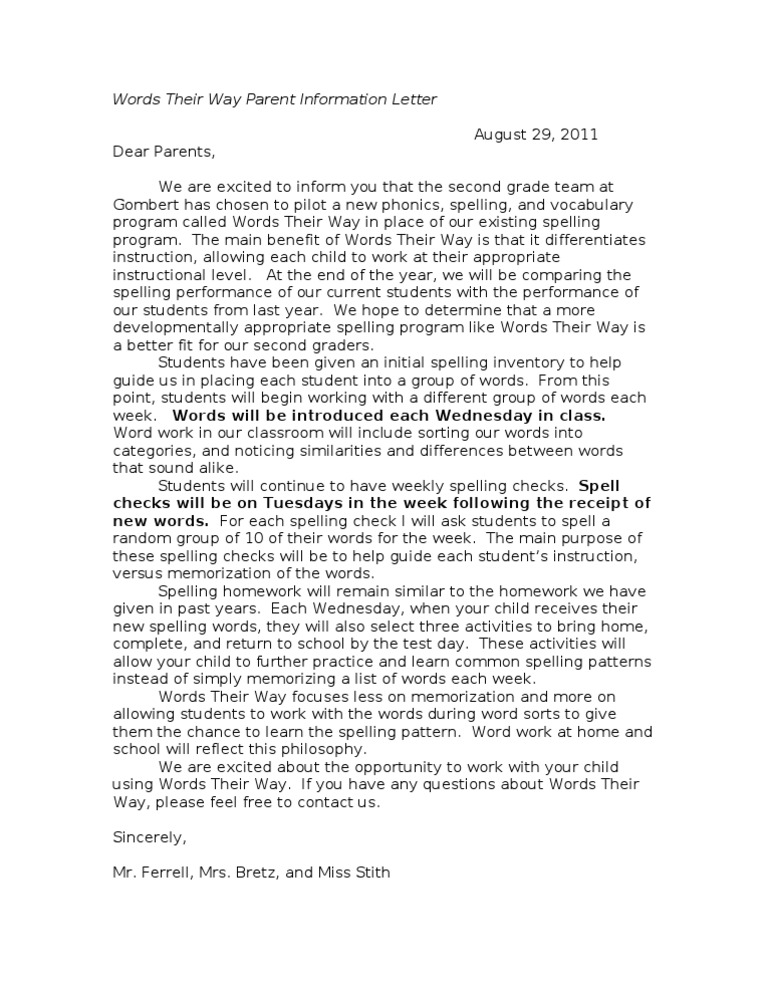 Words Their Way Parent Letter | PDF | Differentiated Instruction ...
