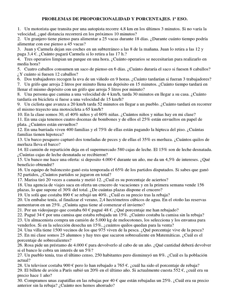 Problemas Proporcionalidad y Porcentajes 1º Eso PDF | PDF