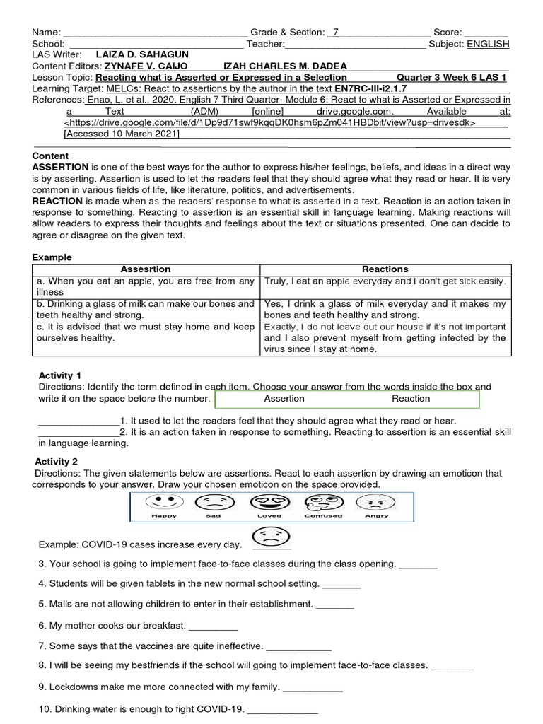 English 7 Quarter 3 Week 6 Las 1 | PDF | Communication | Cognition