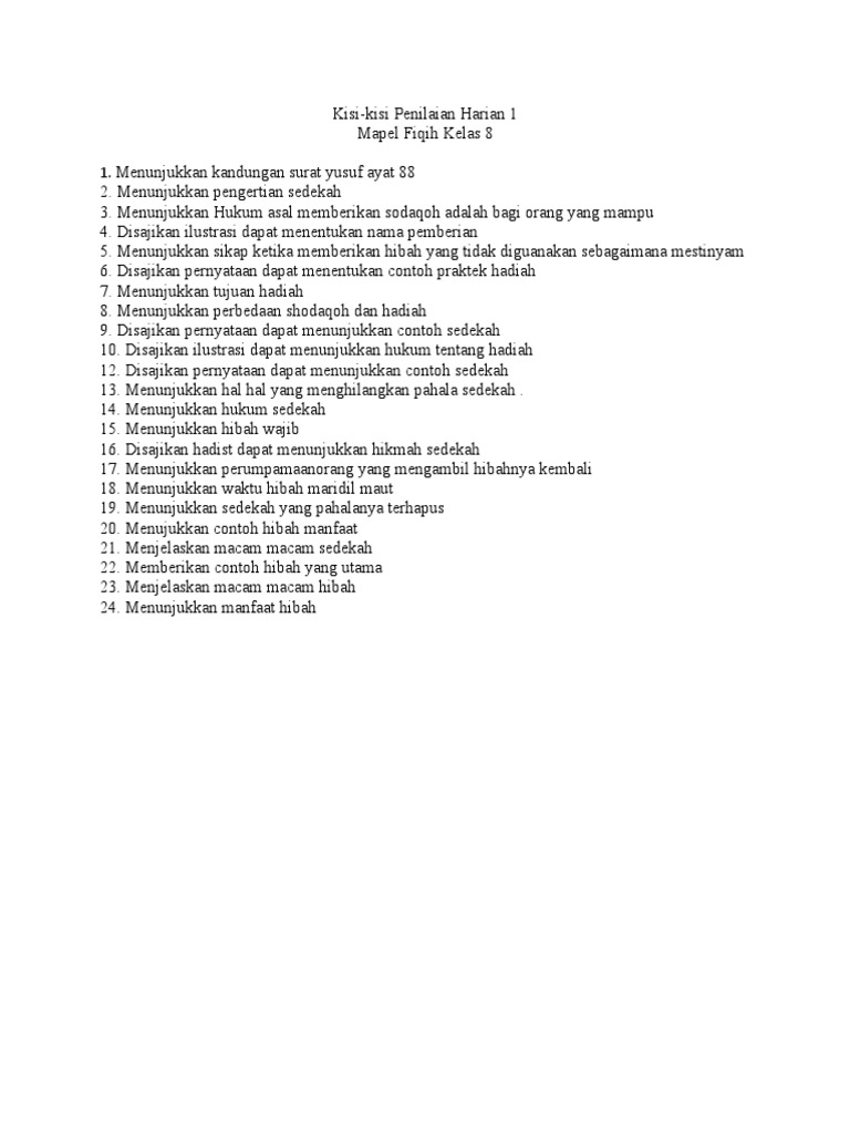 Kisi Kisi PH 1 Fiqih 8 Genap | PDF