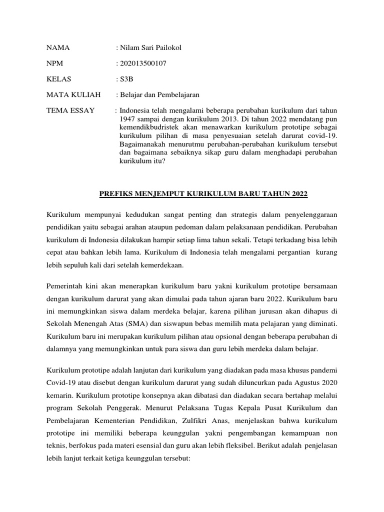 Essay UAS BELAJAR&PEMBELAJARAN | PDF