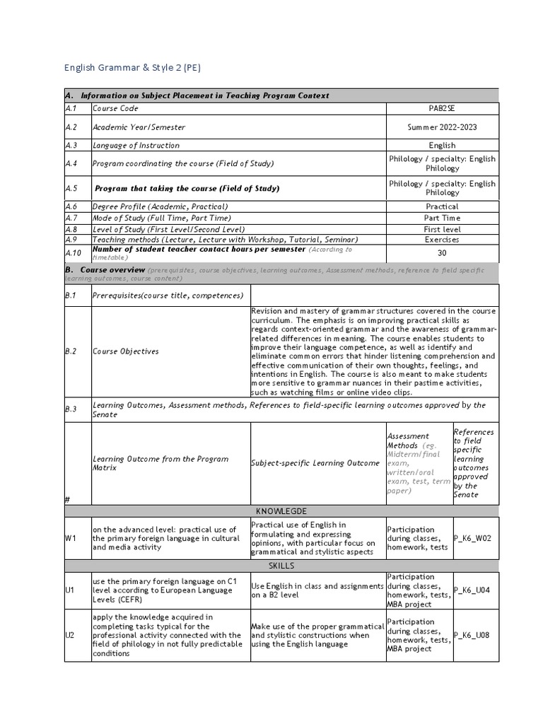 English Grammar & Style 2 (PE) : Information On Subject Placement in ...