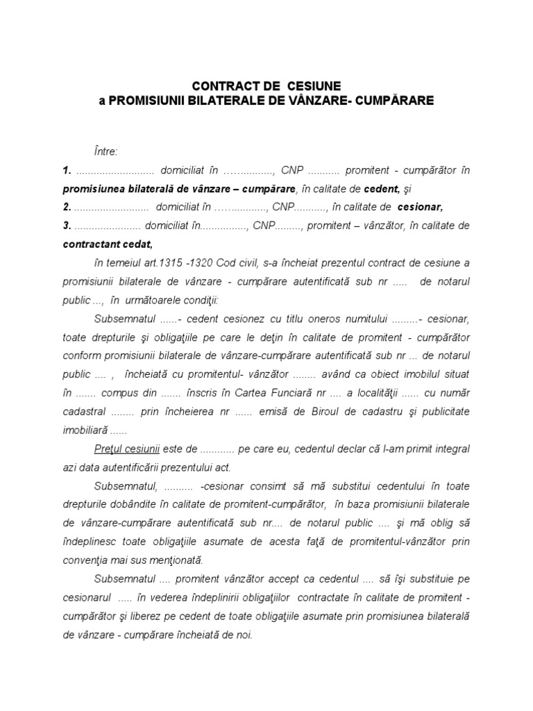 Model Contract Cesiune Promisiune Bilaterala de Vanzare Cumparare | PDF