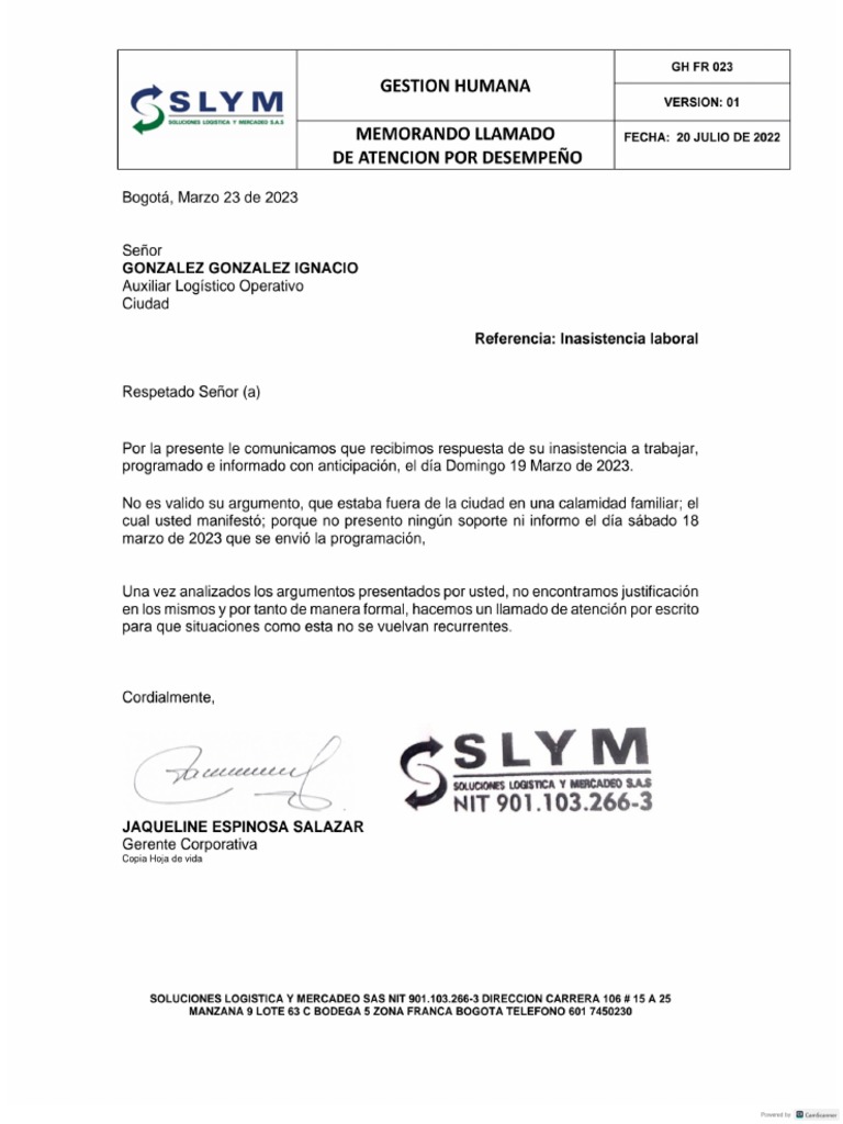 GH FR 022 Modelo Memorando Llamado de Atencion Por Inasistencia Laboral ...