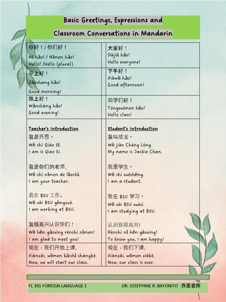 Basic Greetings, Expressions and Classroom Conversations in Mandarin | PDF