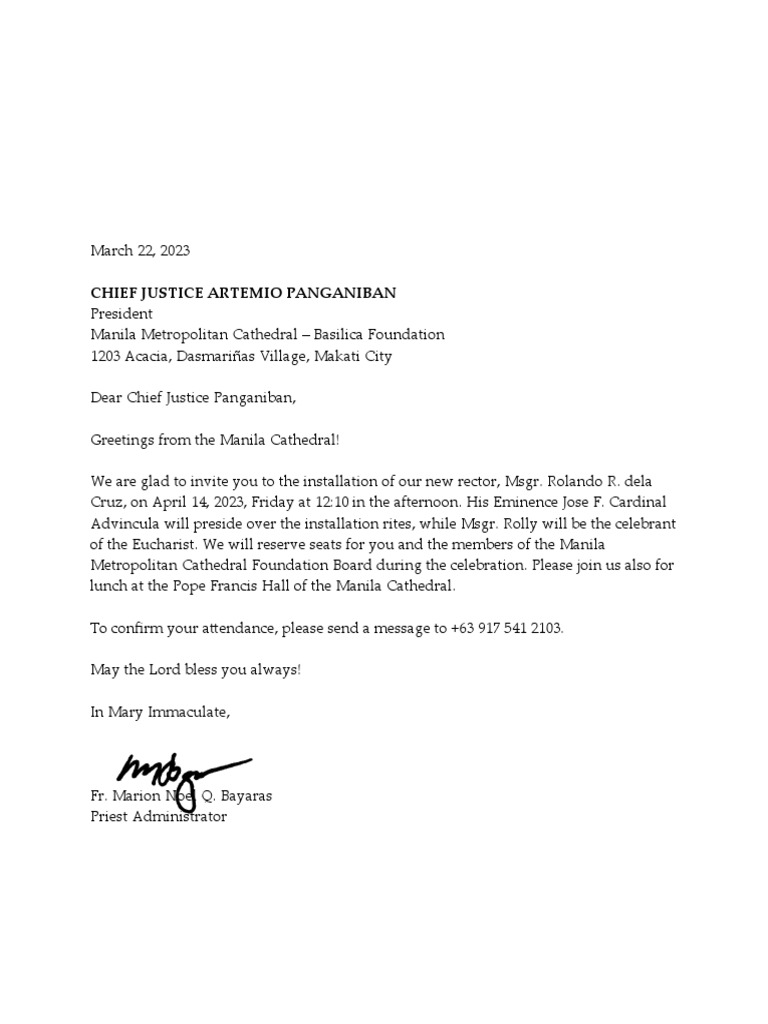 Invitation Letters Installation of MSGR Rolly (MCB Foundation Members ...