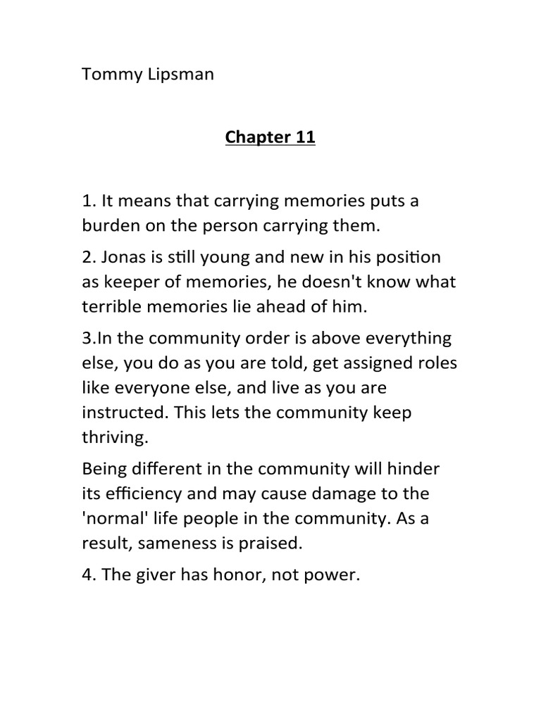 Chapter 11 Summary of The Giver | PDF