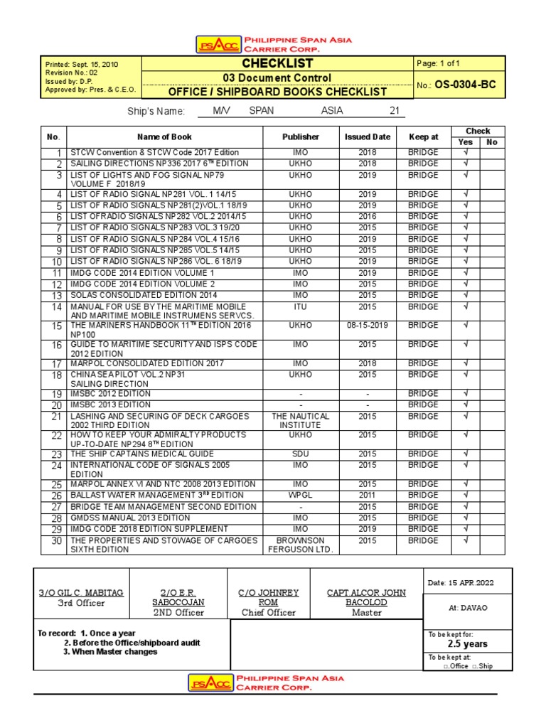 Checklist: 03 Document Control OS-0304-BC Office / Shipboard Books Checklist | PDF | Admiralty ...