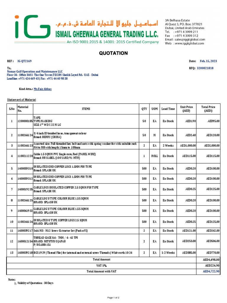 Quotation: IG-QT2169 Feb. 15, 2023 3200021818 Nomac Gulf Operation and ...