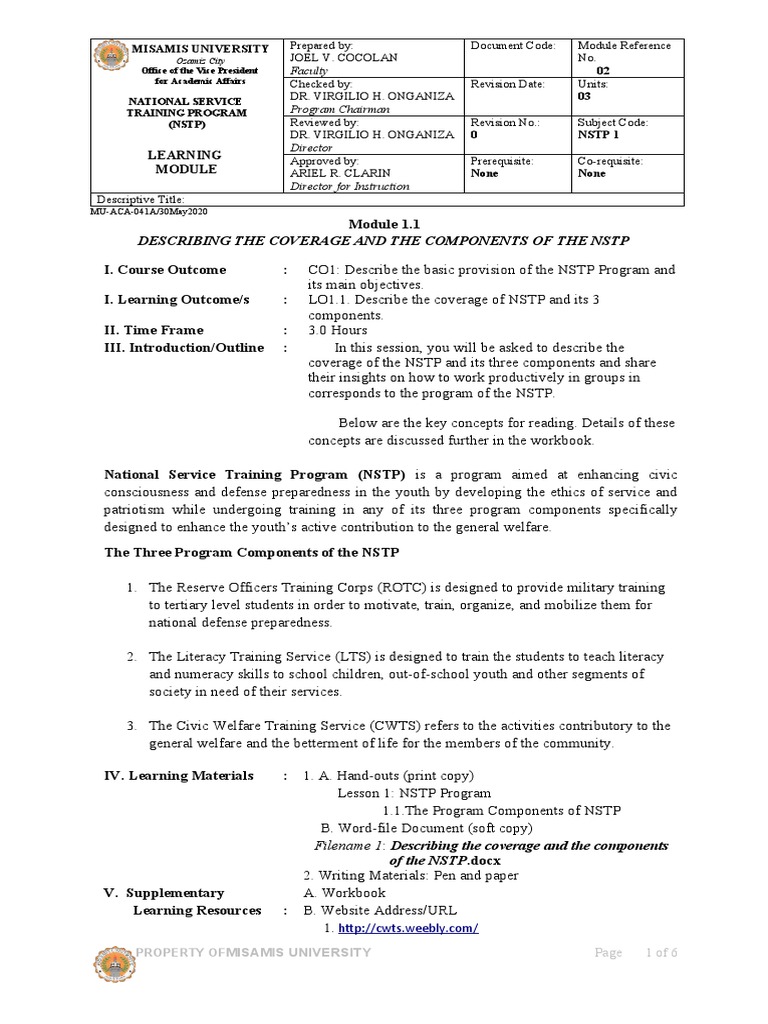 Describing The Coverage and The Components of The NSTP: Learning | PDF | Literacy | Learning