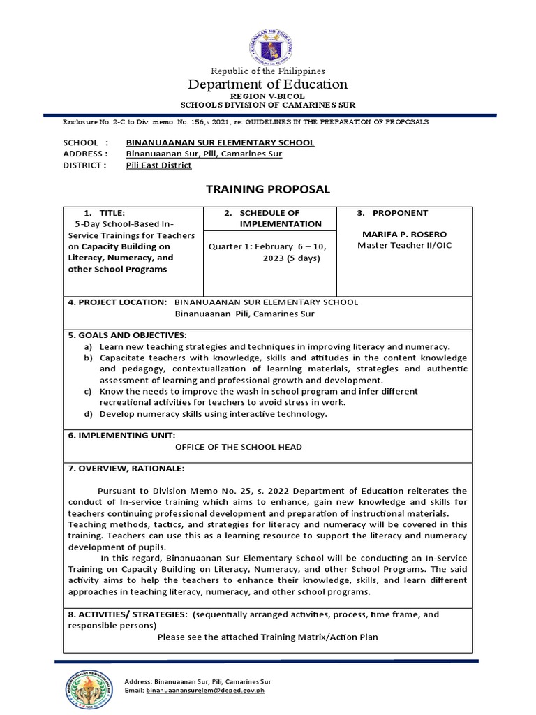 Department of Education: Training Proposal | PDF | Teachers | Literacy