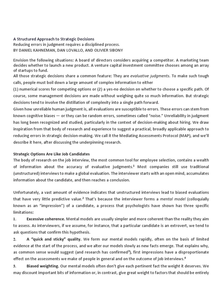 A Structured Approach To Strategic Decisions - Kahneman Et Al - 2019 | Download Free PDF ...
