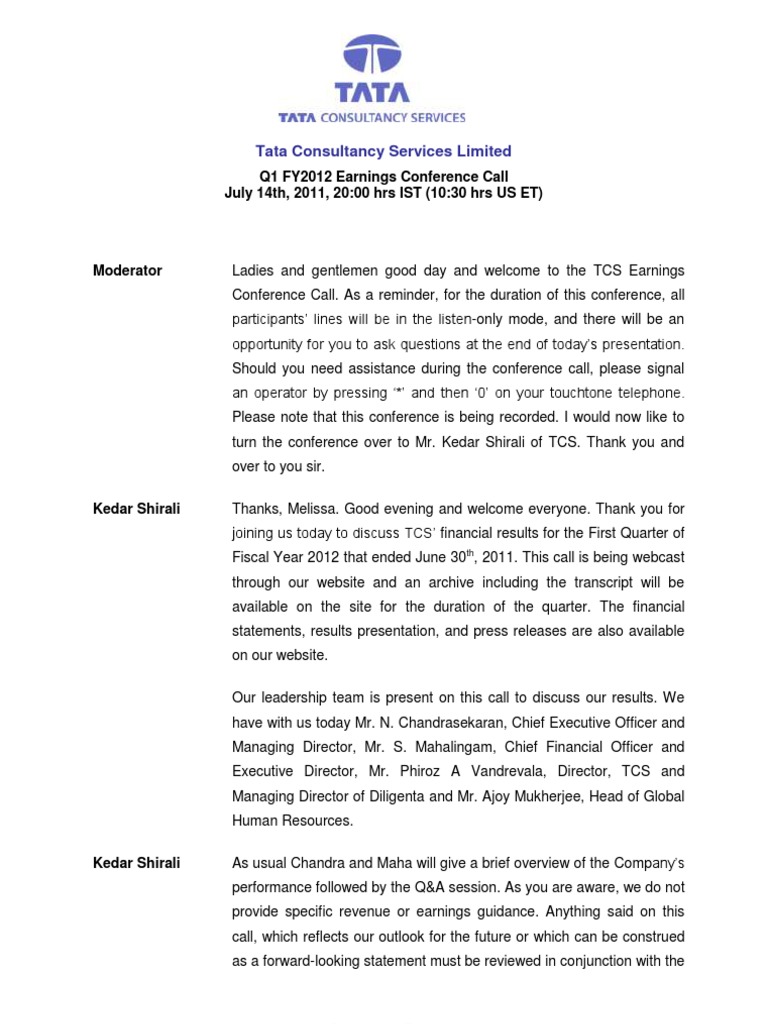 TCS Transcript Call Q1 12 | PDF | Retail | International Financial ...