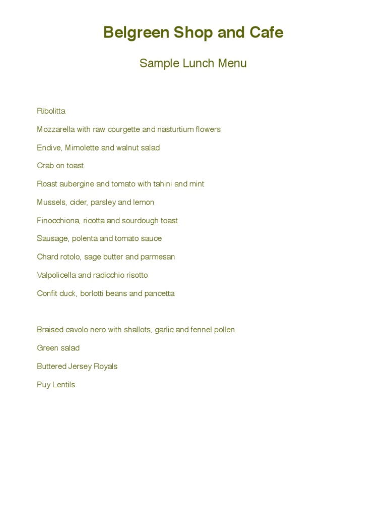Belgreen Shop and Cafe: Sample Lunch Menu | PDF