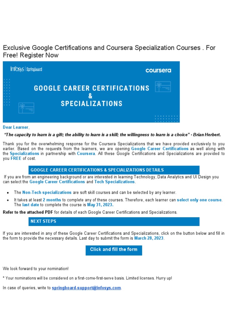 Google Certifications and Coursera Specialization Courses by Infosys ...