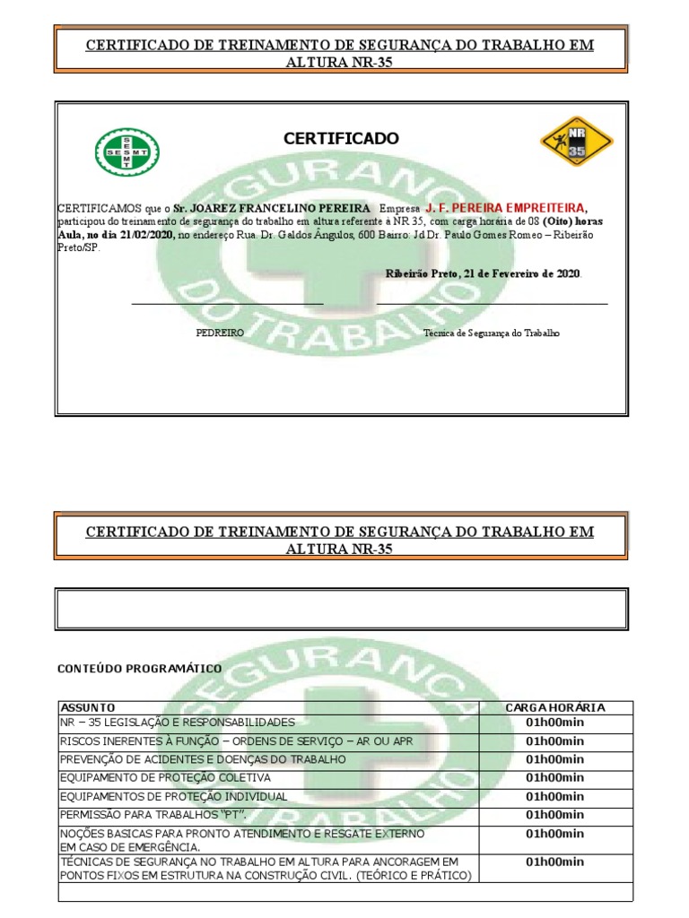 Certificado de Treinamento NR-35 | PDF